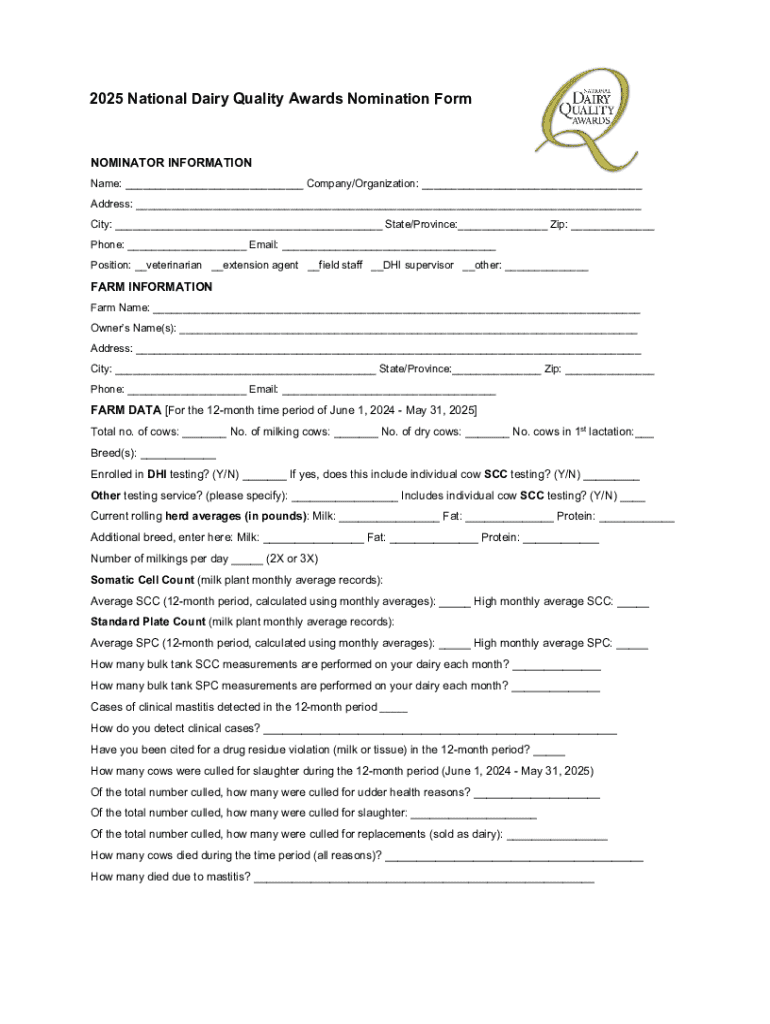 Fillable Online 2025 National Dairy Quality Awards Nomination Form Fax ...