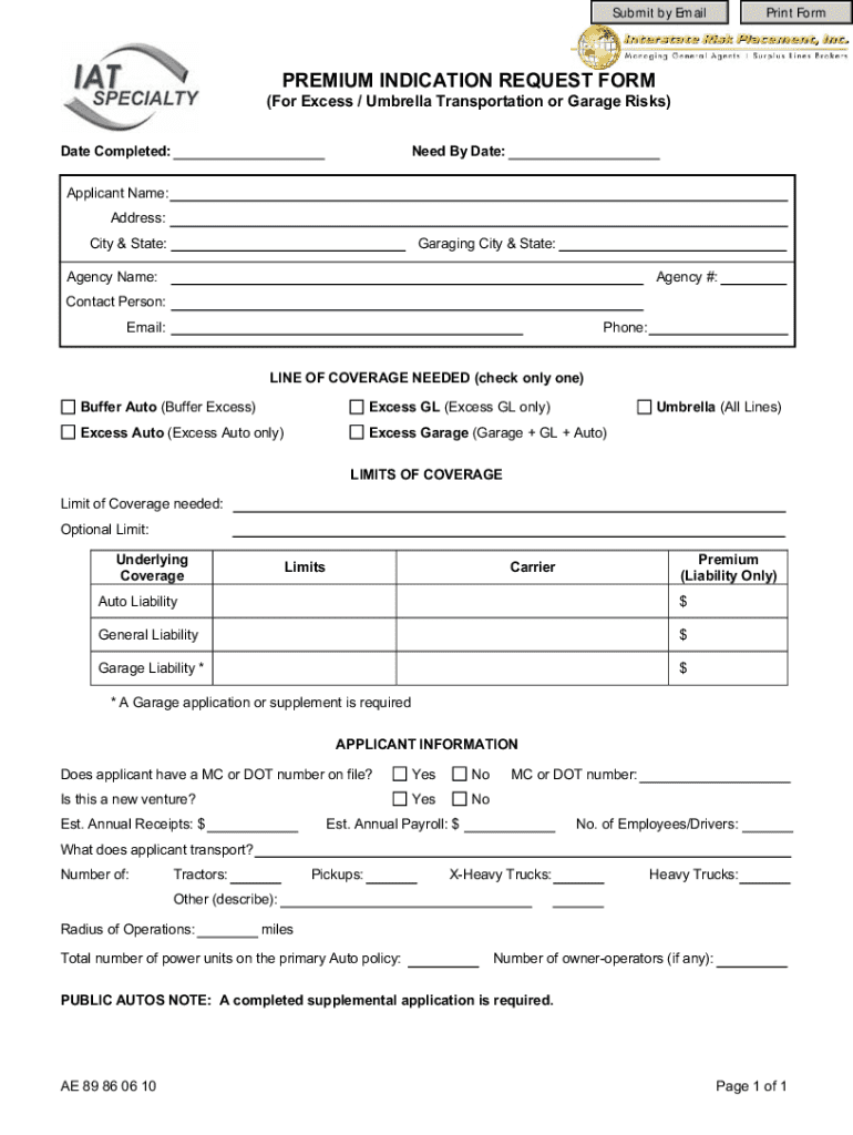 Fillable Online Premium Indication Request Form Fax Email Print - pdfFiller