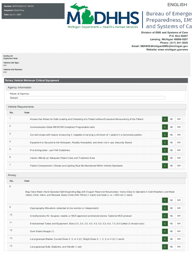 Fillable Online Inspection Report for Rotary Vehicle Minimum Critical ...