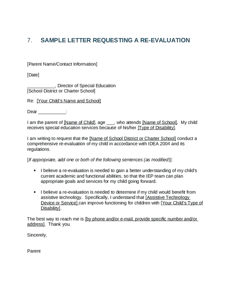 Sample Letter Requesting a Re-evaluation Doc Template | pdfFiller