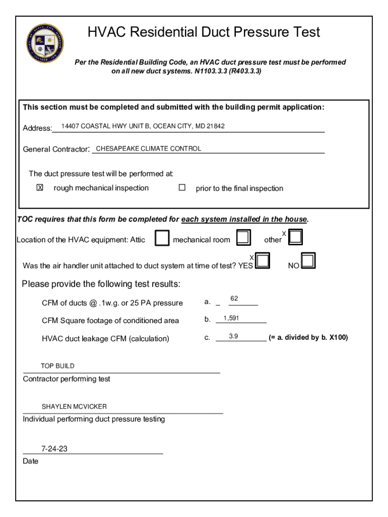Fillable Online Hvac Residential Duct Pressure Test Fax Email Print ...