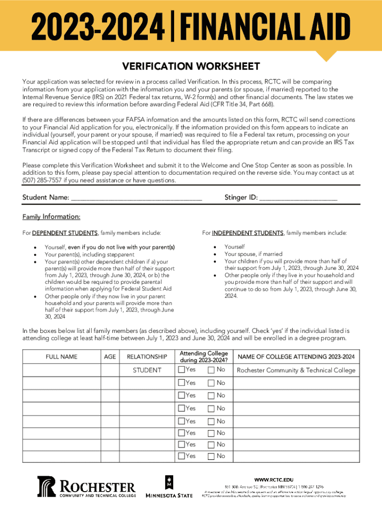 Fillable Online Financial Aid Verification Worksheet Fax Email Print ...