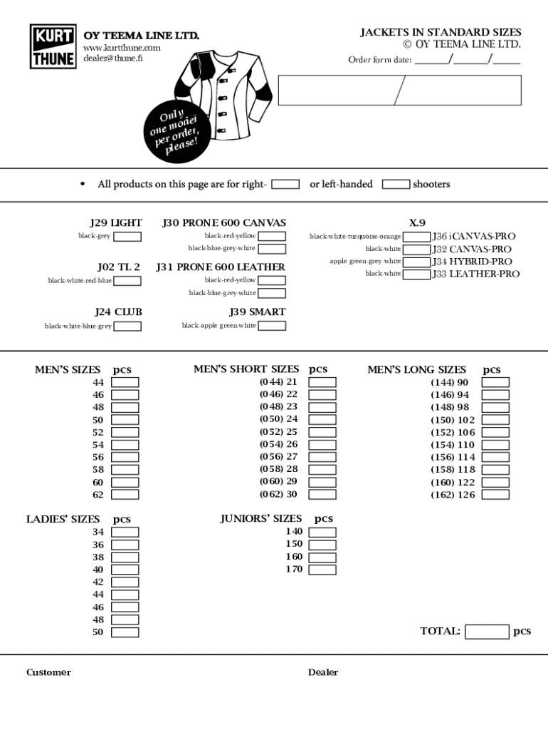 Fillable Online Jackets in Standard Sizes Order Form Fax Email Print - pdfFiller