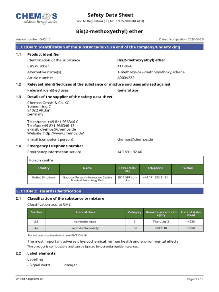 Fillable Online Safety Data Sheet for Bis(2-methoxyethyl) Ether Fax ...
