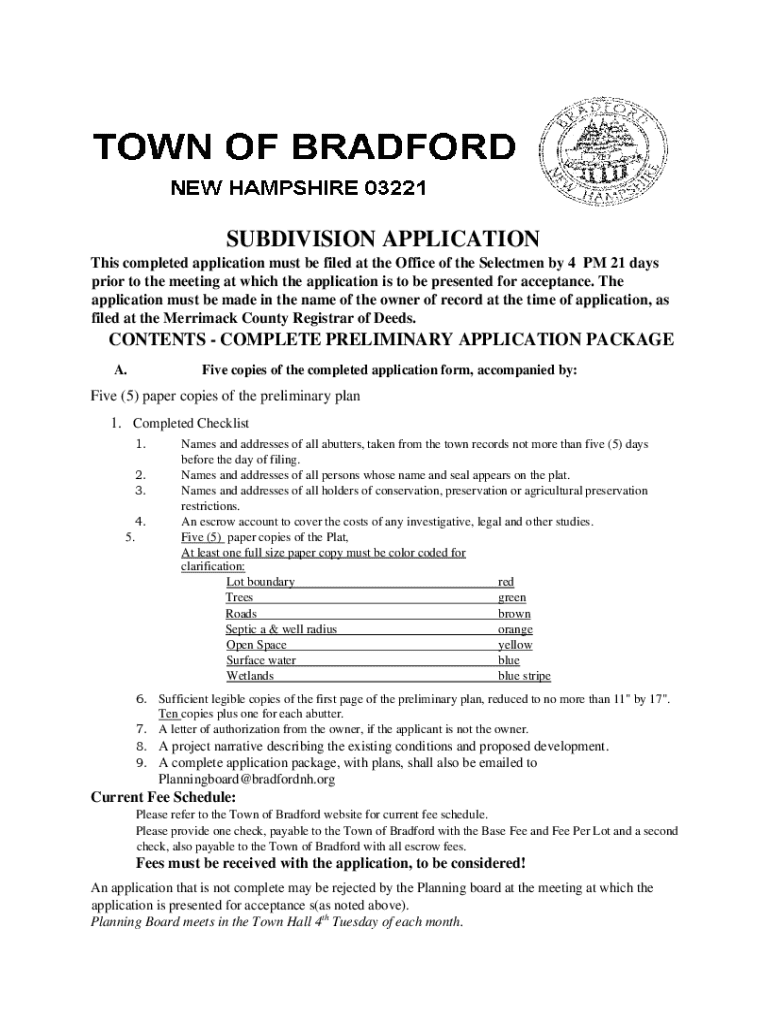 Fillable Online Town of Bradford Subdivision Application Fax Email ...