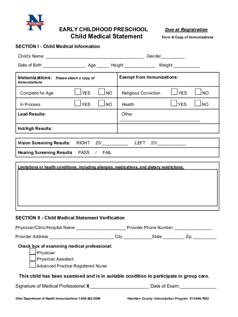 Fillable Online Early Childhood Preschool Medical Information Fax Email ...