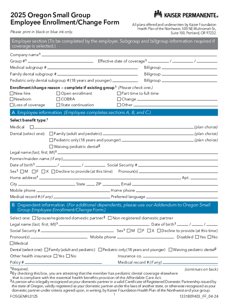 Fillable Online Oregon Small Group Employee Enrollment/change Form Fax Email Print - pdfFiller