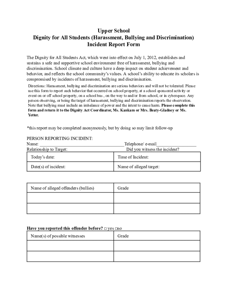 Fillable Online Dignity for All Students (harassment, Bullying and ...