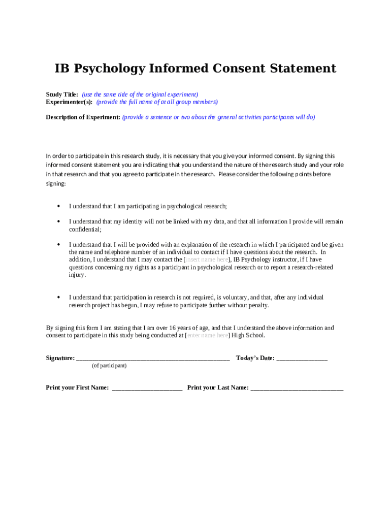 Ib Psychology Ined Consent Statement Doc Template | pdfFiller