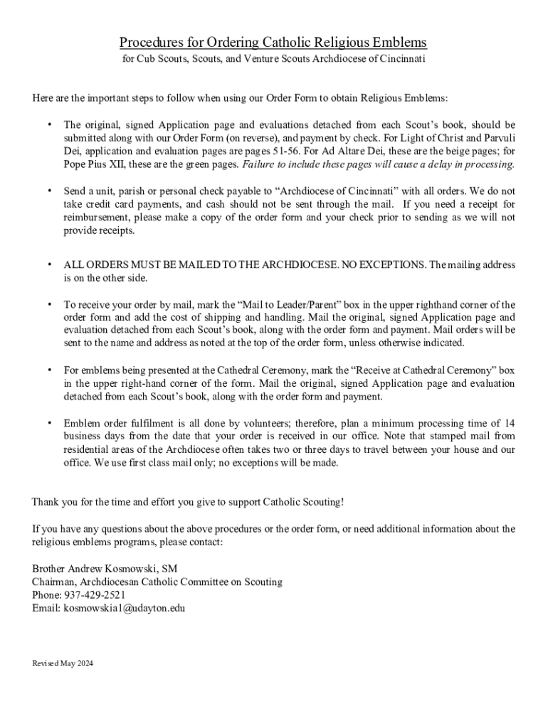 Fillable Online Procedures for Ordering Catholic Religious Emblems for ...