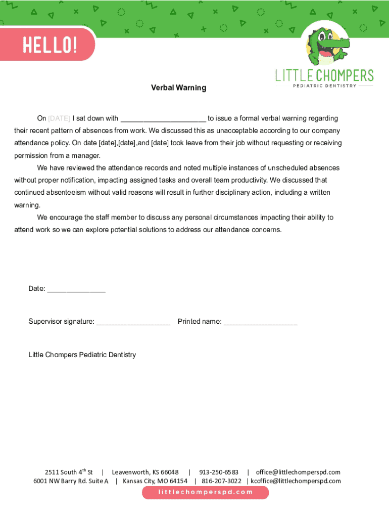 Fillable Online Verbal Warning Document Fax Email Print - pdfFiller
