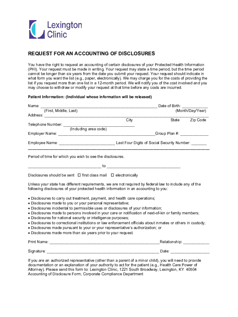 Fillable Online Request for Accounting of Disclosures of Protected ...
