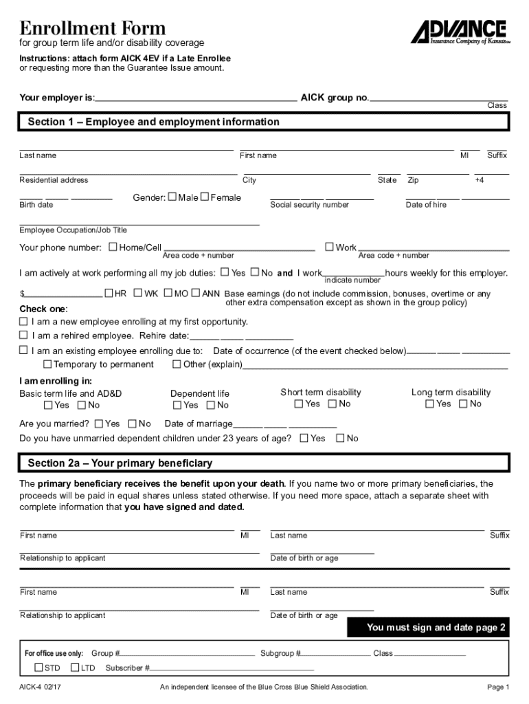 Fillable Online Enrollment Form for Group Term Life and/or Disability Coverage Fax Email Print ...