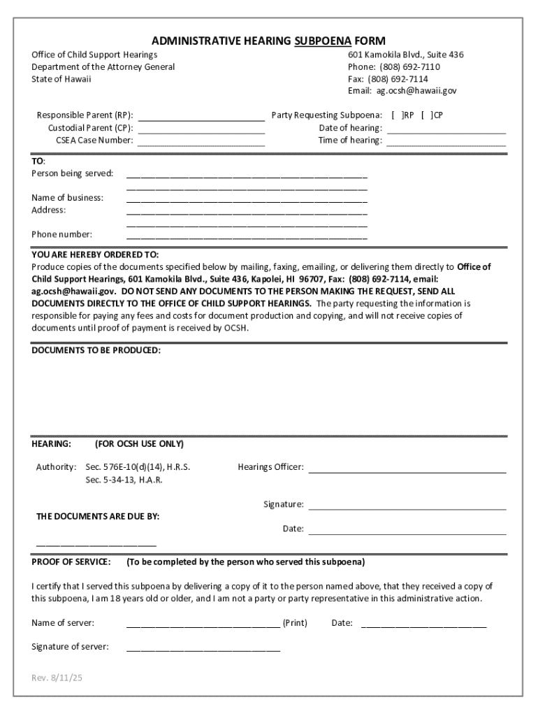 Fillable Online Administrative Hearing Subpoena Information Fax Email ...