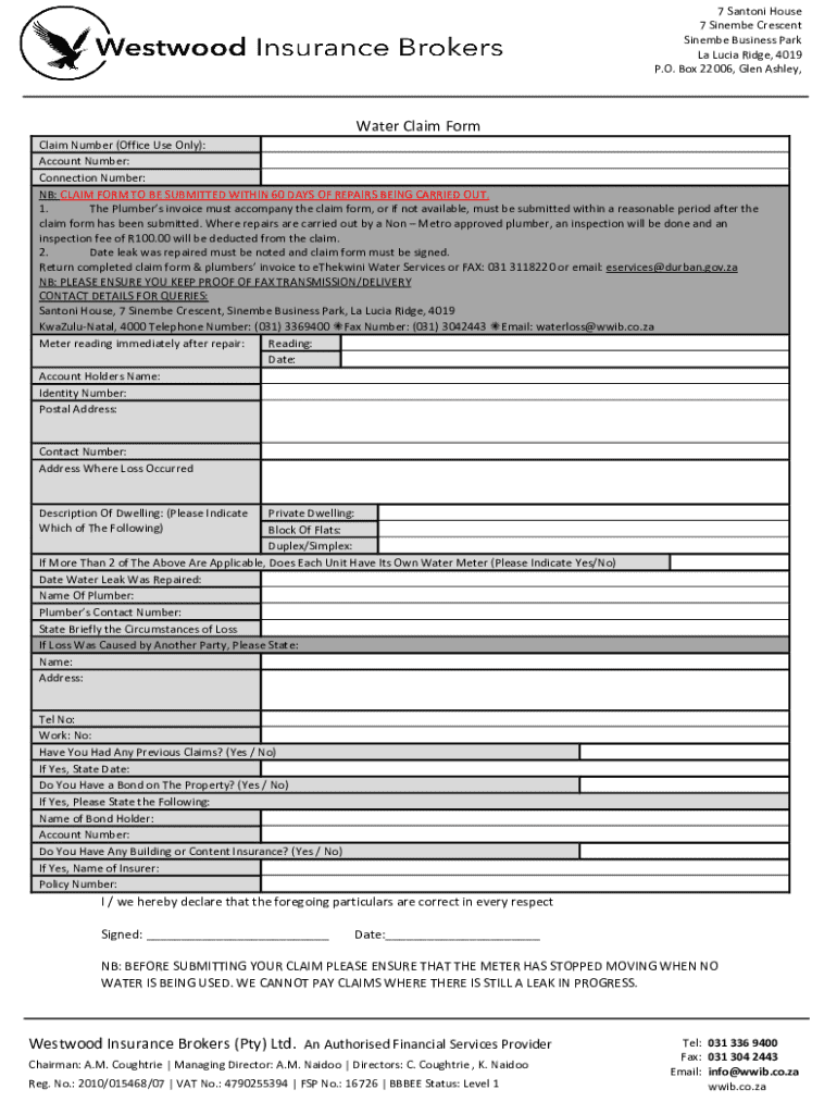 Fillable Online Water Claim Form Fax Email Print - pdfFiller