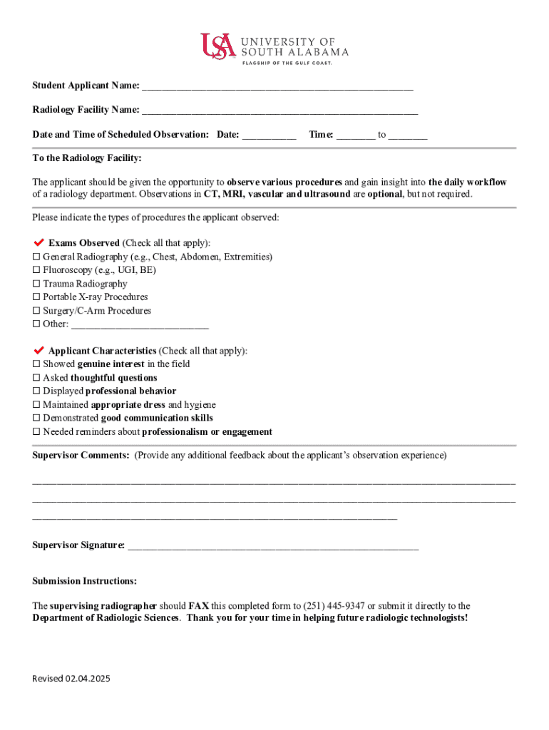 Fillable Online Radiology Observation Applicant Evaluation Fax Email Print - pdfFiller