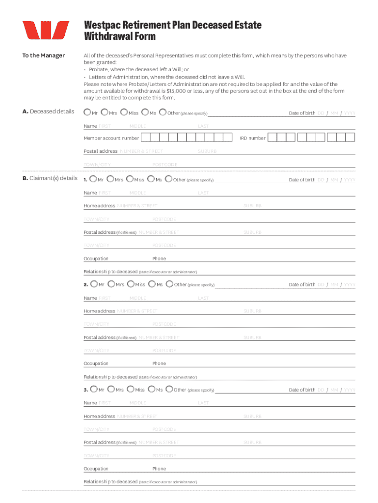 Fillable Online Westpac Retirement Plan Deceased Estate Withdrawal Form ...