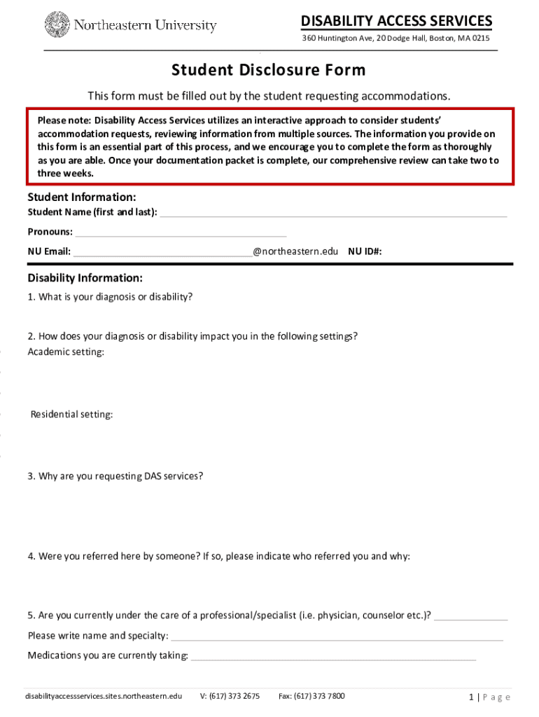 Fillable Online Disability Access Services Student Disclosure Form Fax ...
