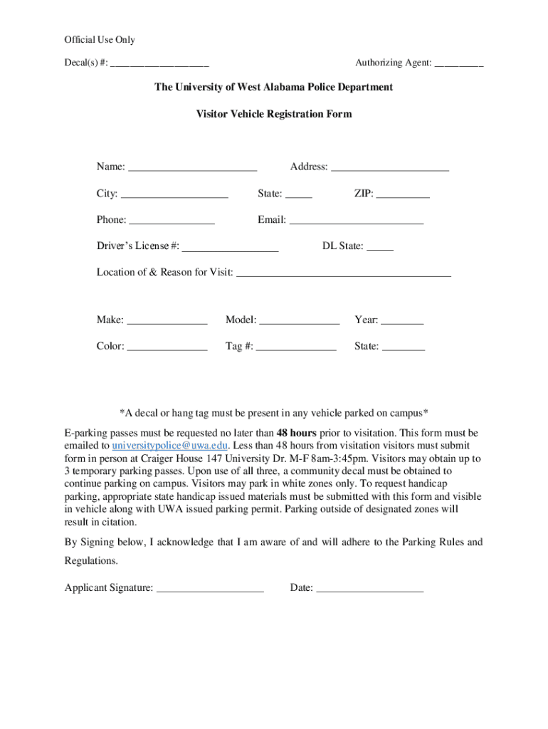Fillable Online University of West Alabama Visitor Vehicle Registration ...