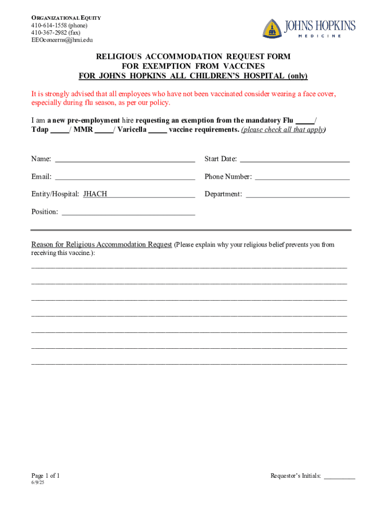 Fillable Online Religious Accommodation Request Form for Exemption From Vaccines for Johns ...