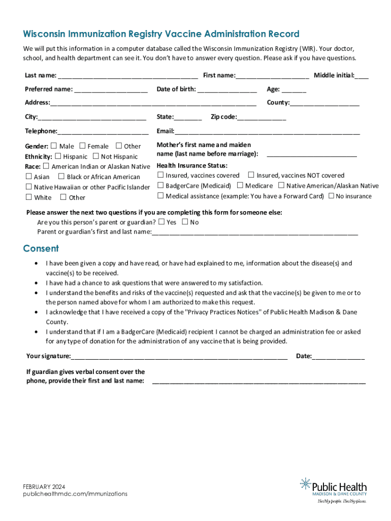 Fillable Online Wisconsin Immunization Registry Vaccine Administration ...