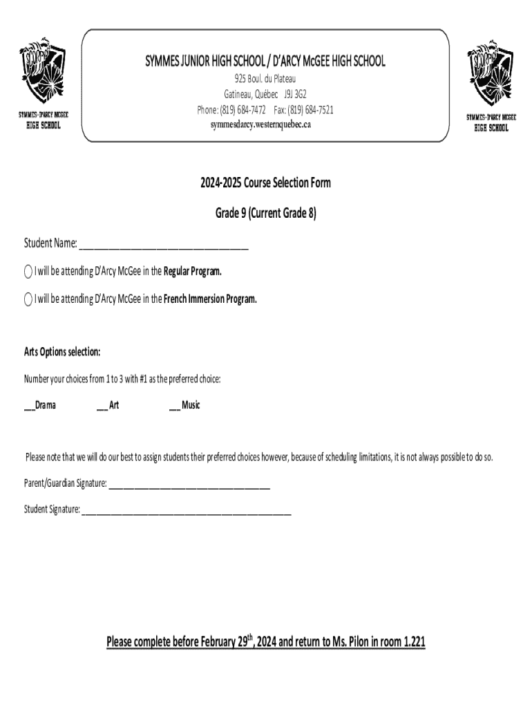 Fillable Online 2024-2025 Course Selection Form for Grade 9 Fax Email Print - pdfFiller