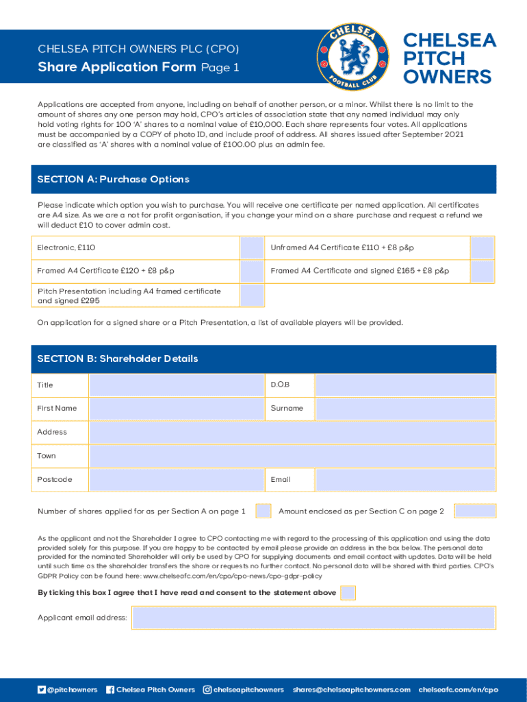 Fillable Online Chelsea Pitch Owners Share Application Form Fax Email ...