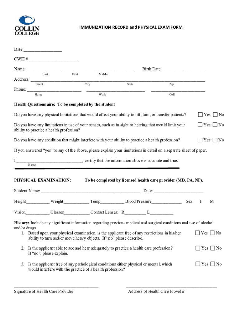 Fillable Online Immunization Record and Physical Exam Fax Email Print - pdfFiller