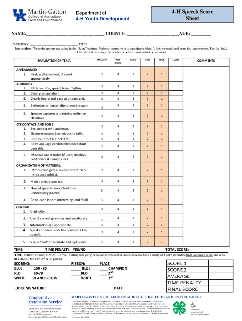 Fillable Online 4-h Speech Evaluation Fax Email Print - pdfFiller