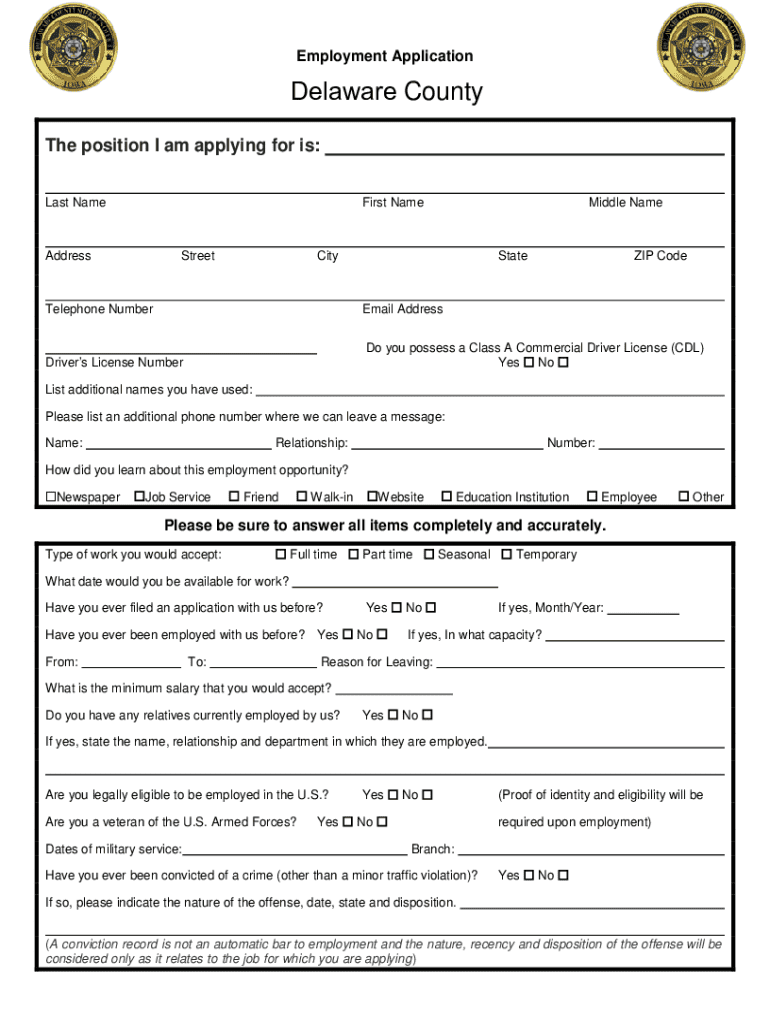 Fillable Online Delaware County Employment Application Fax Email Print ...