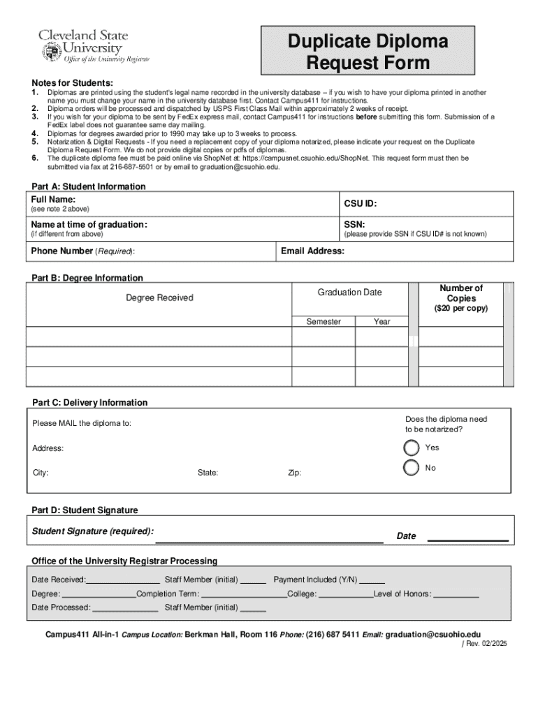 Fillable Online Duplicate Diploma Request Form Fax Email Print - pdfFiller