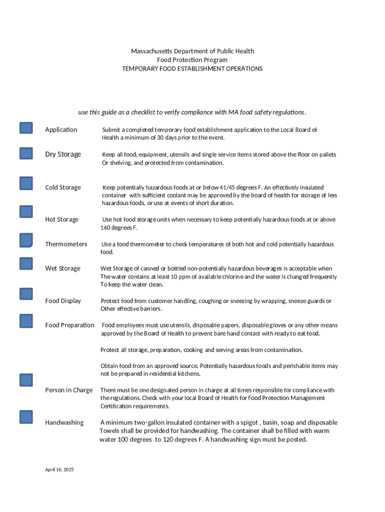 Temporary Food Establishment Operations Doc Template | pdfFiller