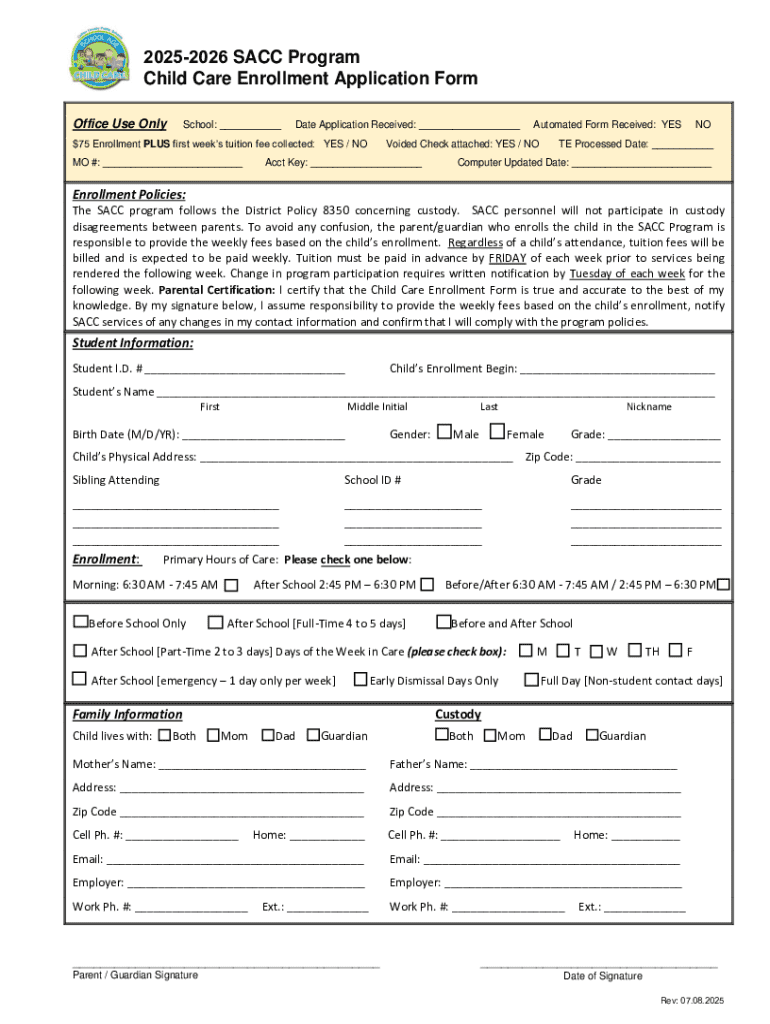 Fillable Online Child Care Enrollment Application Form Fax Email Print - pdfFiller