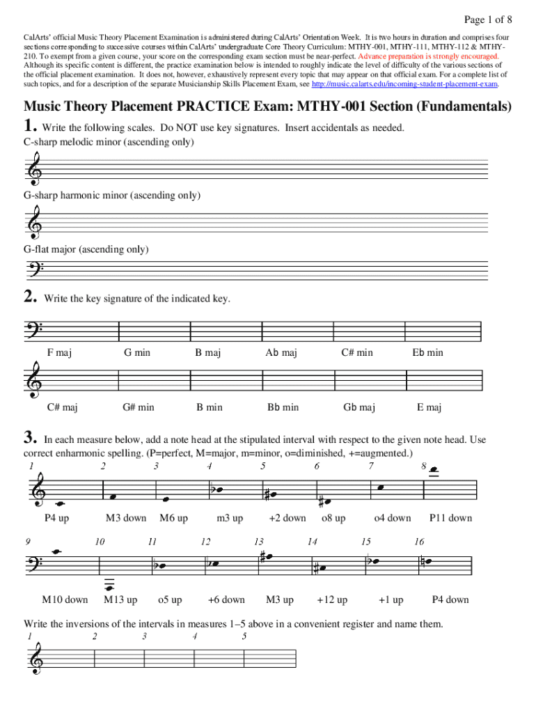 Fillable Online Calarts Music Theory Placement Examination Practice Fax ...
