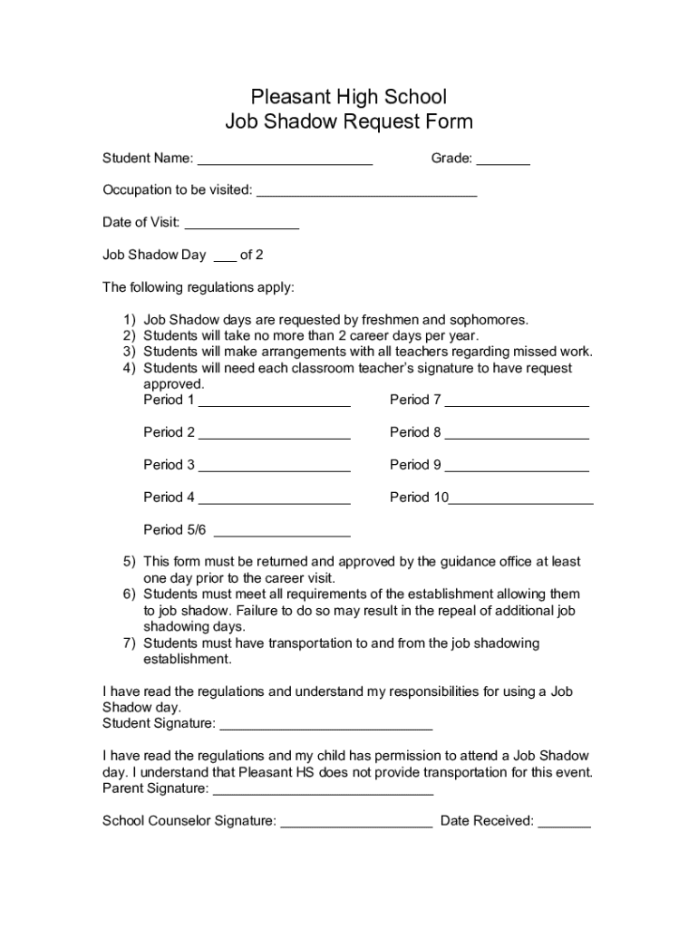 Fillable Online Pleasant High School Job Shadow Request Fax Email Print ...
