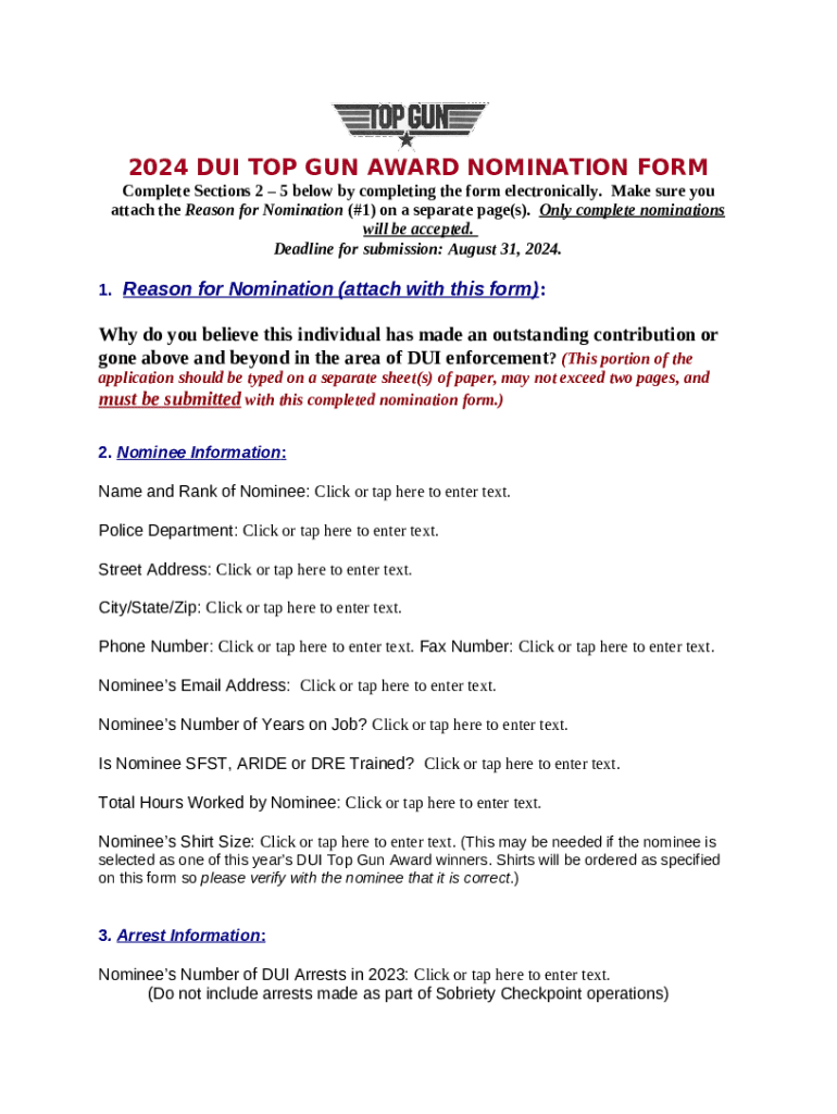 2024 Dui Top Gun Award Nomination Doc Template | pdfFiller