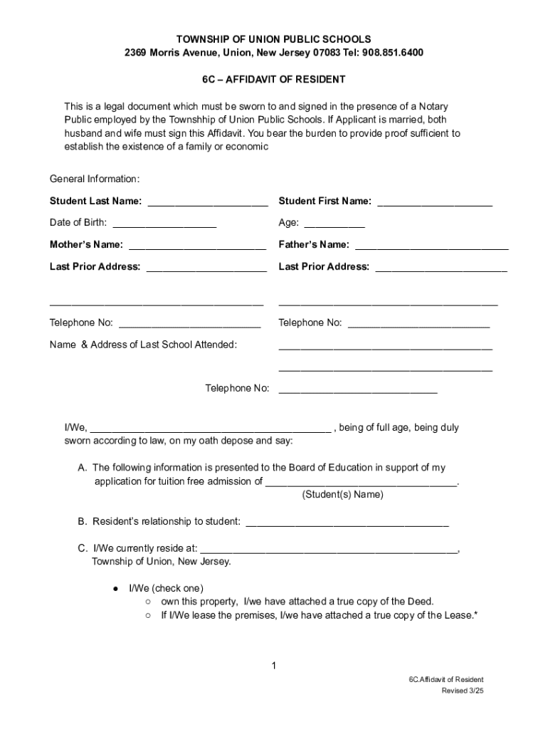 Fillable Online Affidavit of Residence for Tuition-free Admission Fax Email Print - pdfFiller
