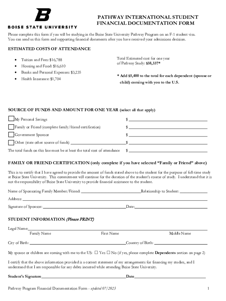 Fillable Online Pathway International Student Financial Documentation ...