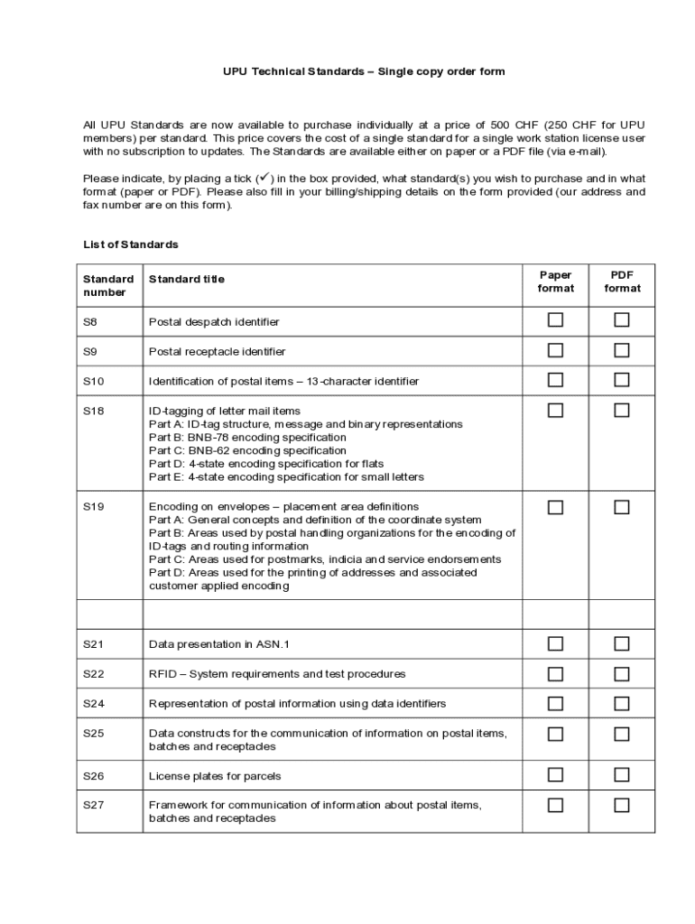 Fillable Online Upu Technical Standards Order Form Fax Email Print - pdfFiller