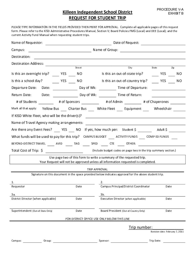 Fillable Online Killeen Independent School District - Student Trip Request Fax Email Print ...