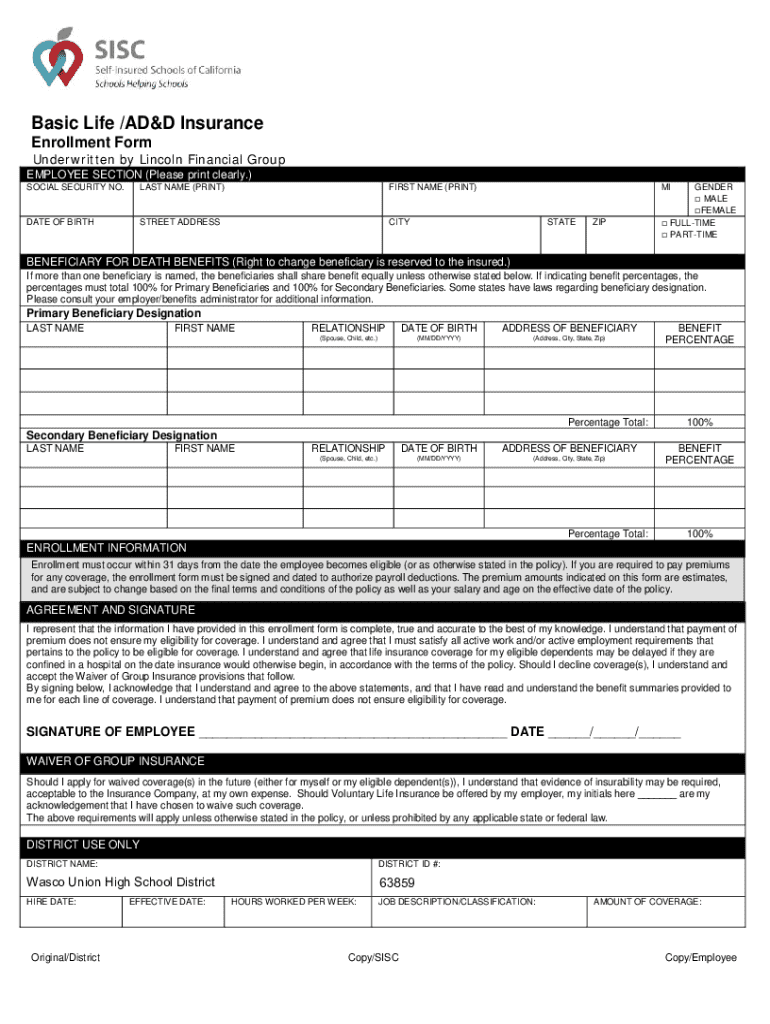 Fillable Online Basic Life /ad&d Insurance Enrollment Form Fax Email ...