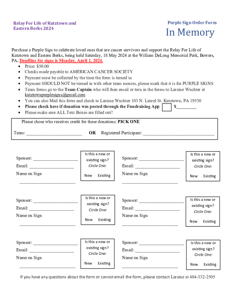 Fillable Online Purple Sign Order Form for Relay for Life of Kutztown ...