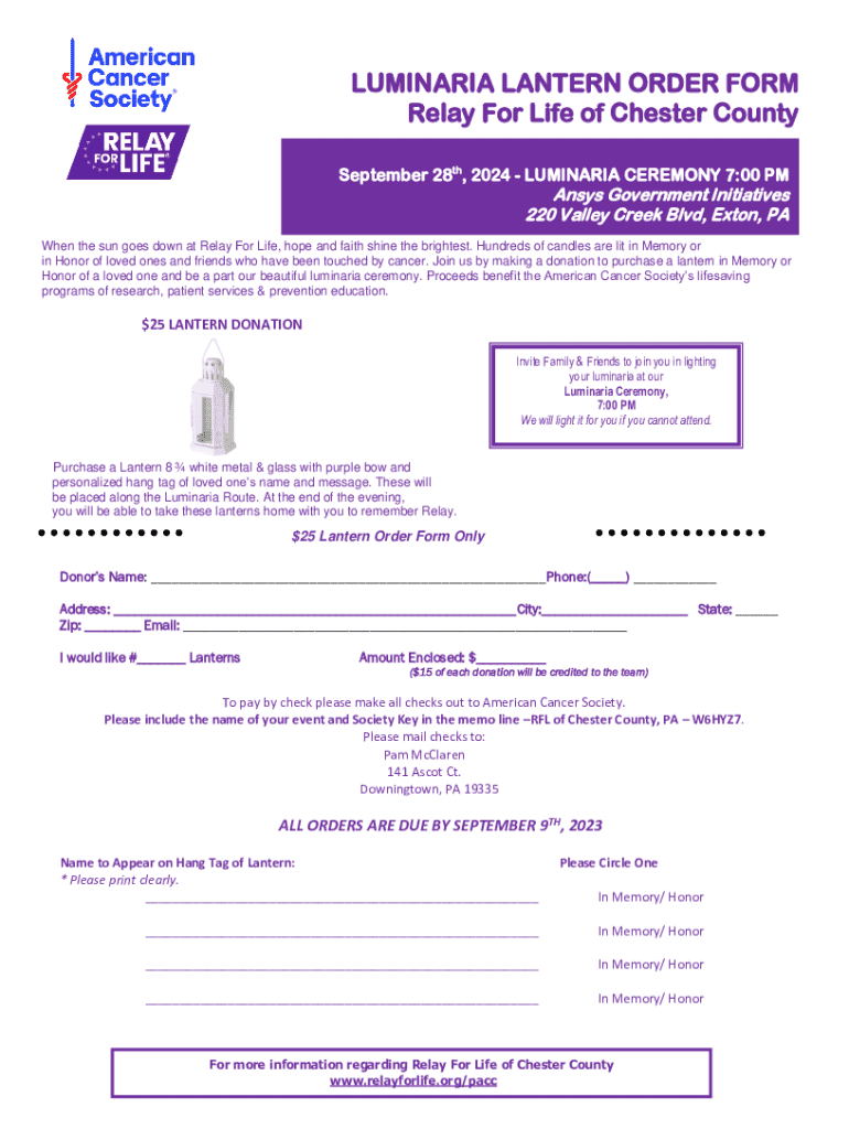 Fillable Online Luminaria Lantern Order Form for Relay for Life of ...