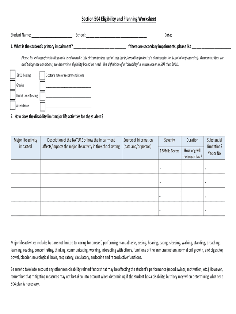 Fillable Online Section 504 Eligibility and Planning Worksheet Fax Email Print - pdfFiller