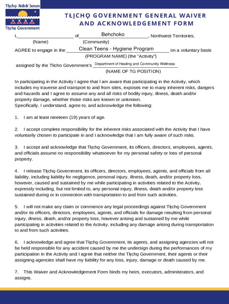 Fillable Online Tłı̨chǫ Government General Waiver and Acknowledgement ...