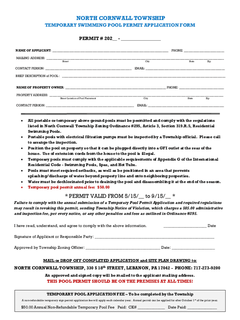 Fillable Online North Cornwall Township Temporary Swimming Pool Permit Application Fax Email ...