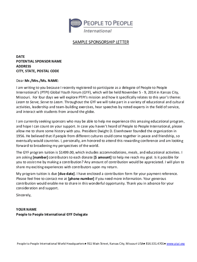 Fillable Online Sponsorship Letter for People to People International's ...
