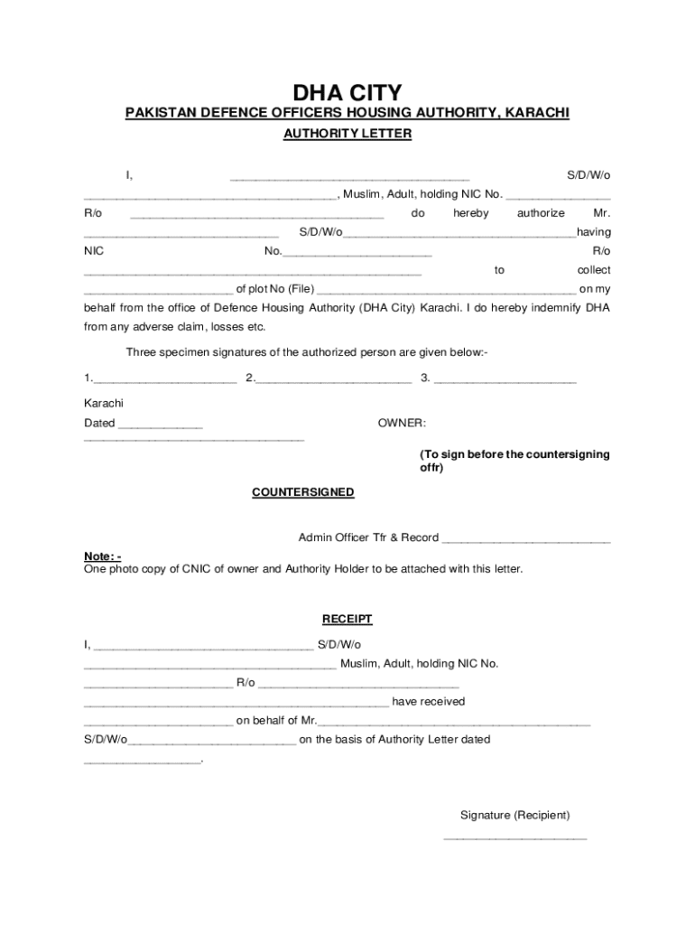 Fillable Online Authority Letter for Dha City Fax Email Print - pdfFiller