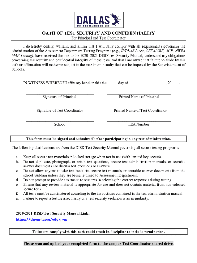 Fillable Online Oath of Test Security and Confidentiality for Principal ...