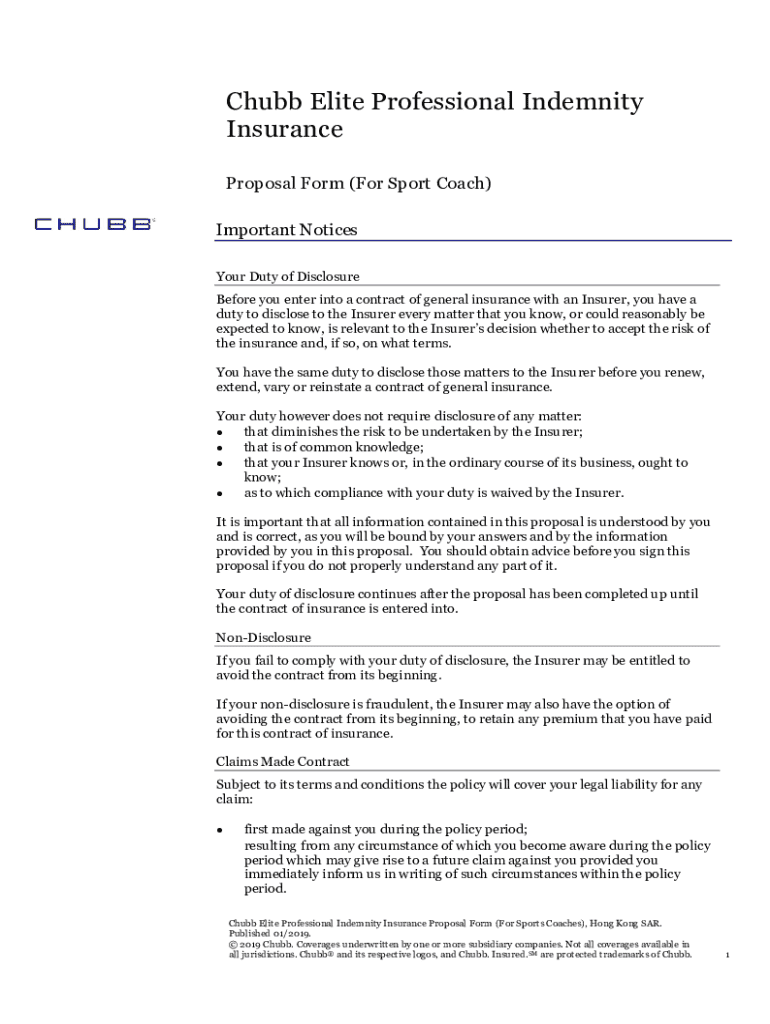 Fillable Online Chubb Elite Professional Indemnity Insurance Proposal Form (for Sports Coach ...